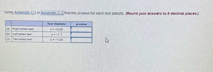 Solved Using Appendix C-1 or find the p-value for each test | Chegg.com