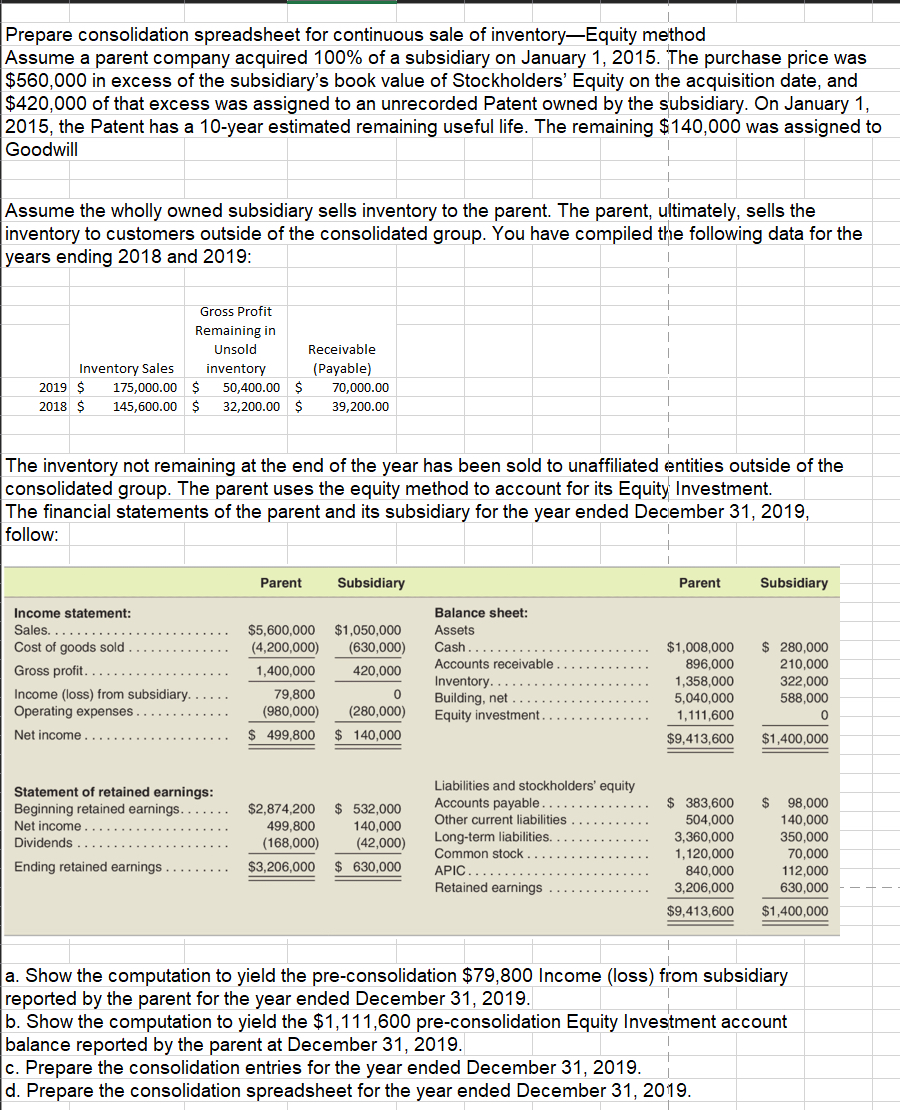 Solved Prepare consolidation spreadsheet for continuous sale | Chegg.com