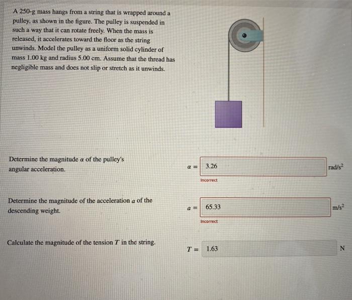 Solved A 250-g mass hangs from a string that is wrapped | Chegg.com