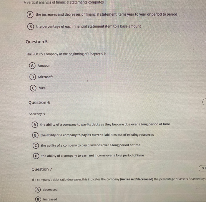 Solved A vertical analysis of financial statements computes | Chegg.com