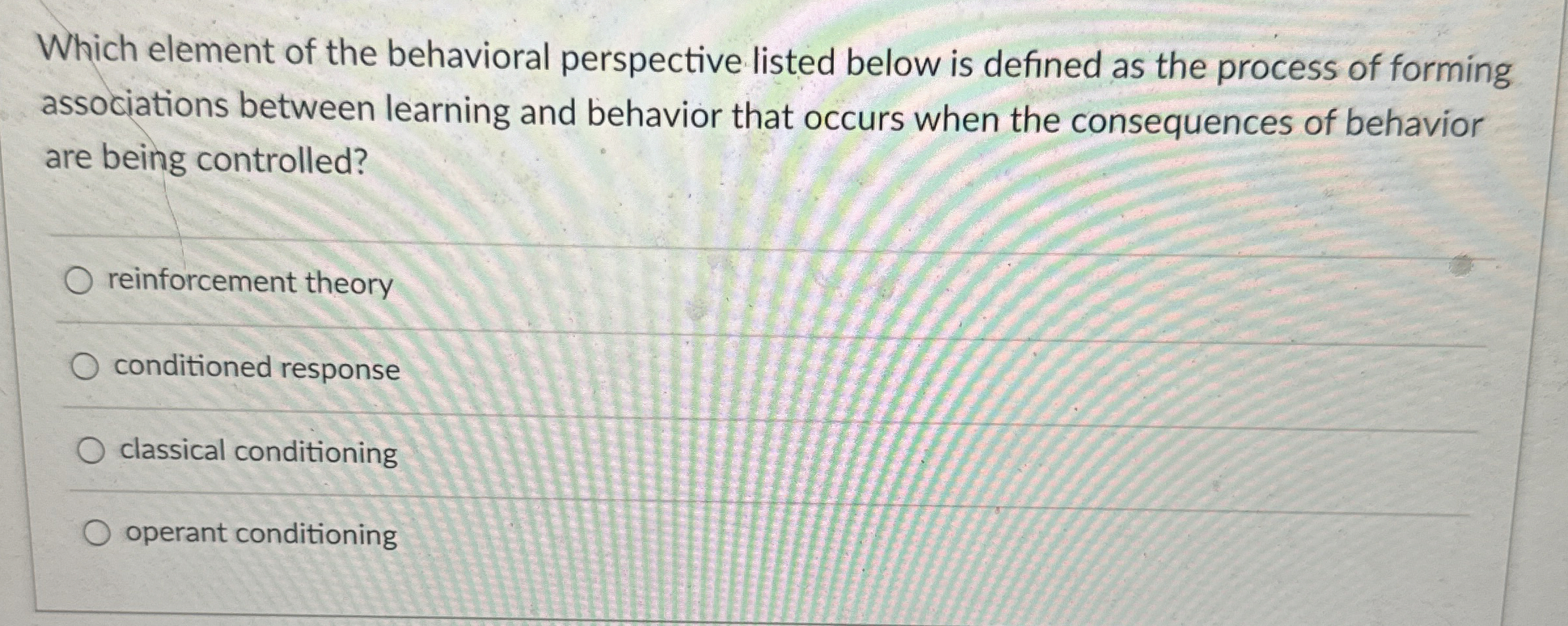 Solved Which element of the behavioral perspective listed | Chegg.com