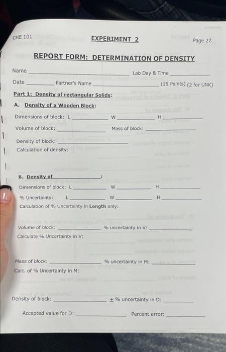 A. Density of a Wooden Block: Dimensions of block: L | Chegg.com
