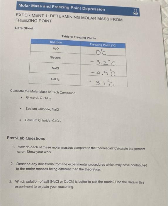 Solved Molar Mass and Freezing Point Depression EXPERIMENT | Chegg.com