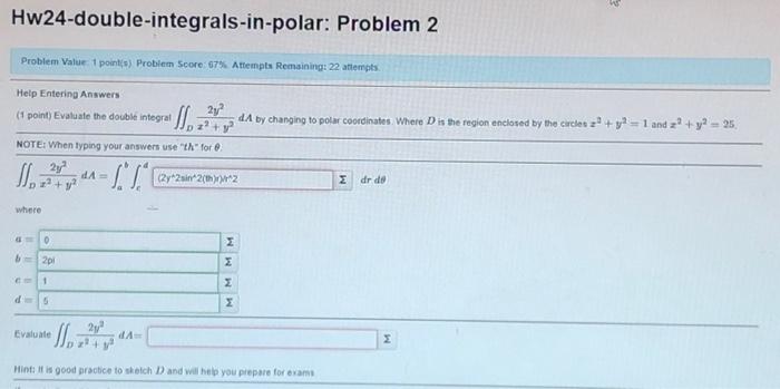 Hw24-double-integrals-in-polar: Problem 2 Problem | Chegg.com