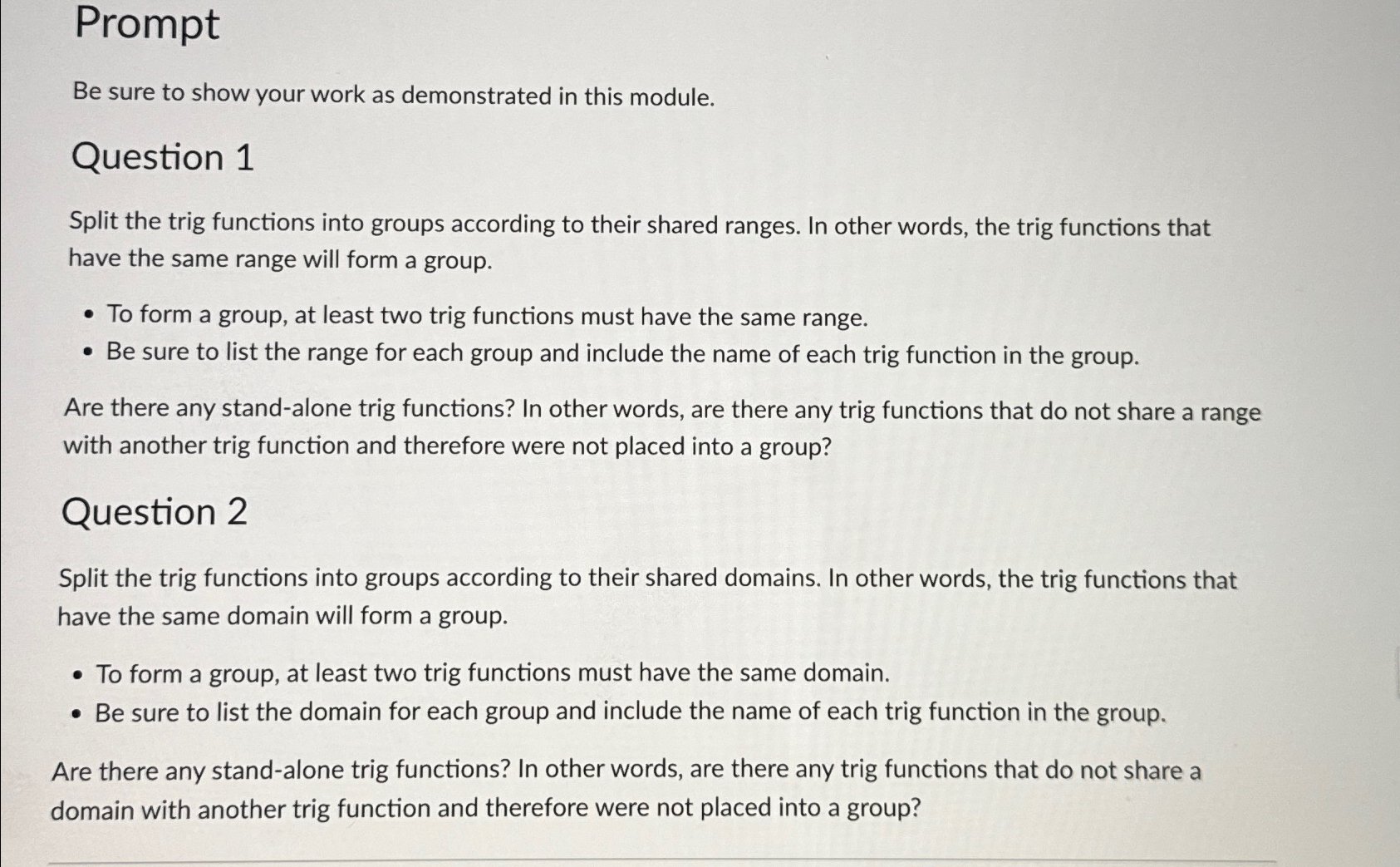 Solved PromptBe sure to show your work as demonstrated in | Chegg.com