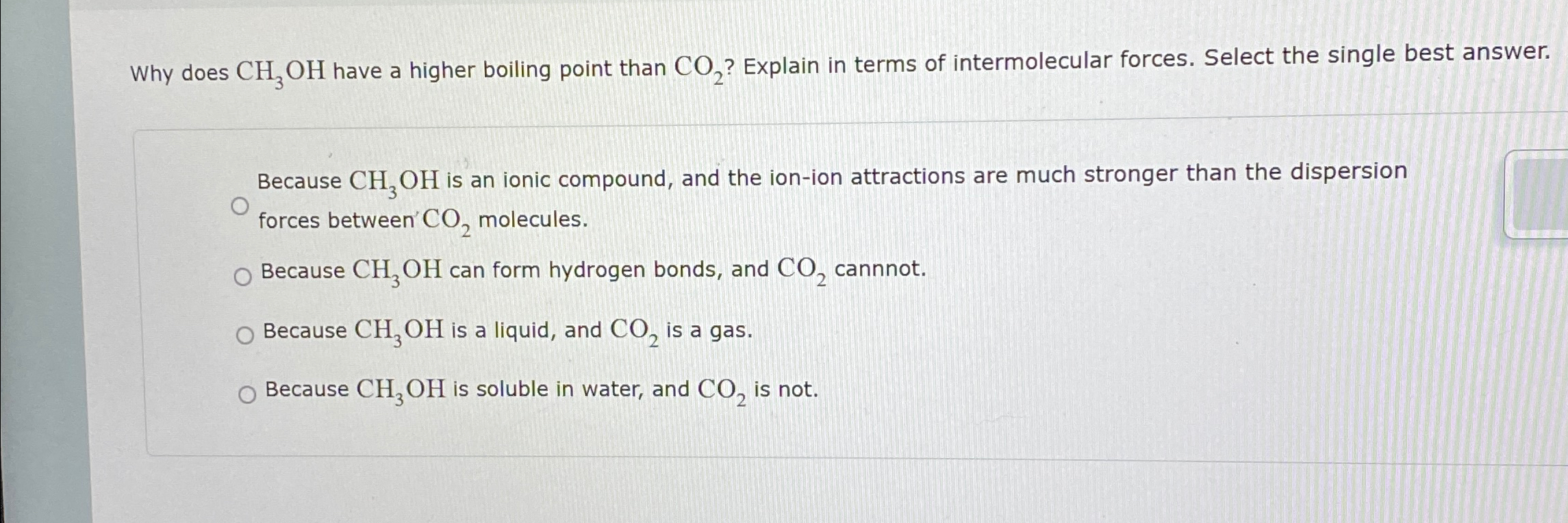 Solved Why does CH3OH ﻿have a higher boiling point than | Chegg.com