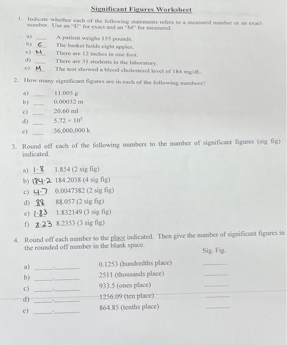 Solved Significant Figures Worksheet 1. Indicate whether | Chegg.com