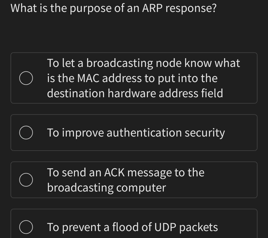Solved What is the purpose of an ARP response?To let a | Chegg.com
