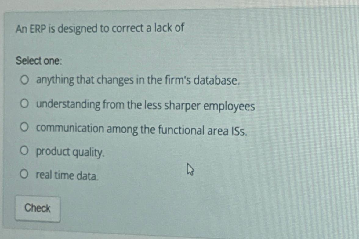 Solved An ERP is designed to correct a lack ofSelect | Chegg.com