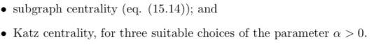 Solved • subgraph centrality (eq. (15.14)); and • Katz | Chegg.com