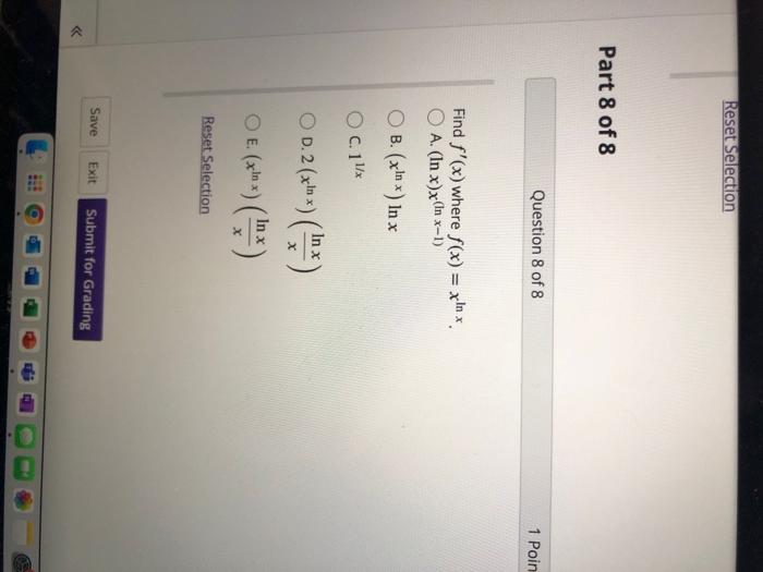 Solved Find f′(x) where f(x)=xlnx. A. (lnx)x(lnx−1) B. | Chegg.com