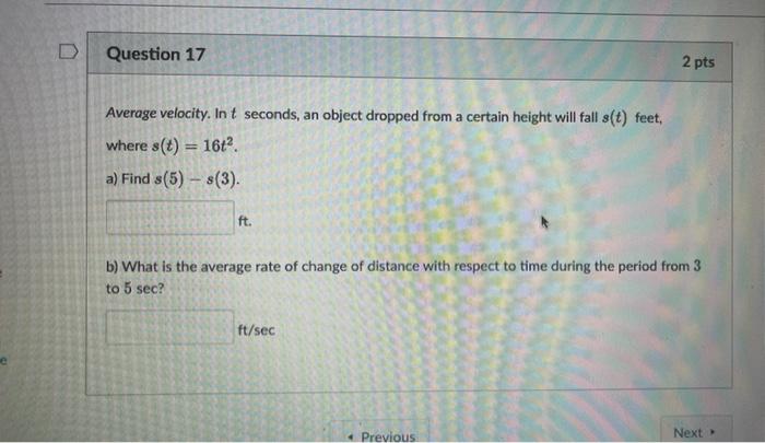 Solved Average Velocity In T Seconds An Object Dropped