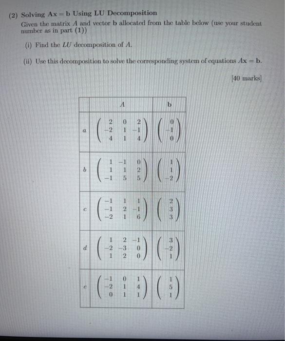 Solved (2) Solving Ax=b Using LU Decomposition Given the | Chegg.com