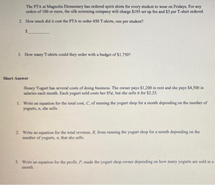 Solved The PTA at Magnolia Elementary has ordered spirit | Chegg.com