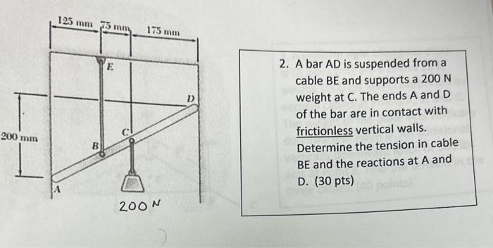 Solved 2. A bar AD is suspended from a cable BE and supports | Chegg.com