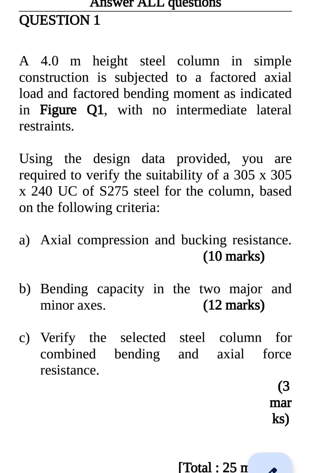 Solved [Total : 25 marks] [PL O3- CLO 1:C4 ] Axial load | Chegg.com