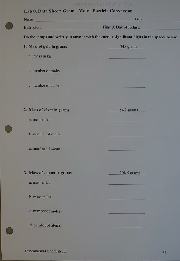 Solved Arkusis Scholastie Press Lab 8. Gram - Mole - | Chegg.com