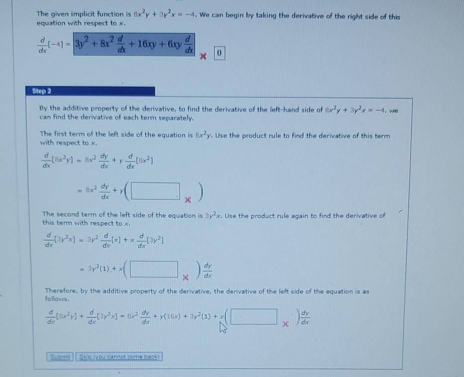 Solved The given implicit function is ex²y + 2y?x = -4. We | Chegg.com