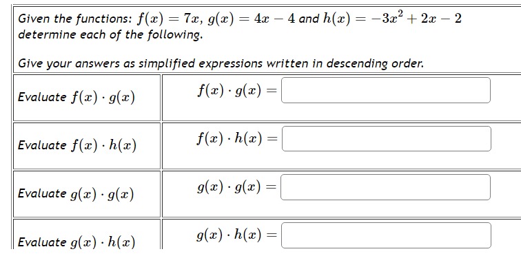 Solved Given the functions: f(x)=7x,g(x)=4x-4 ﻿and | Chegg.com