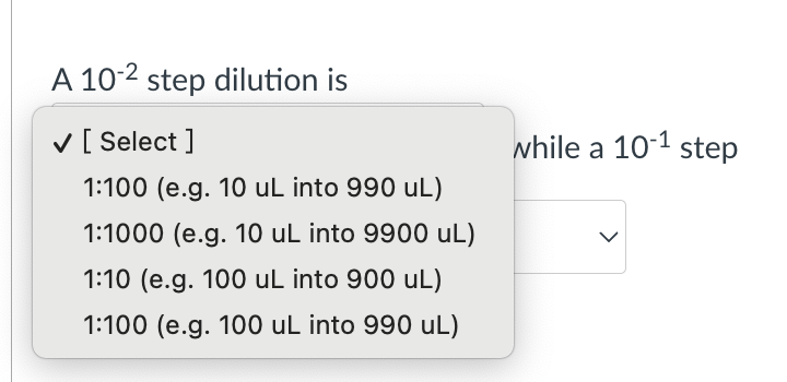 Solved A 10-2 ﻿step dilution is [ ﻿Select ] | Chegg.com