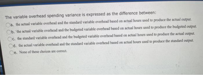 Solved The variable overhead spending variance is expressed | Chegg.com