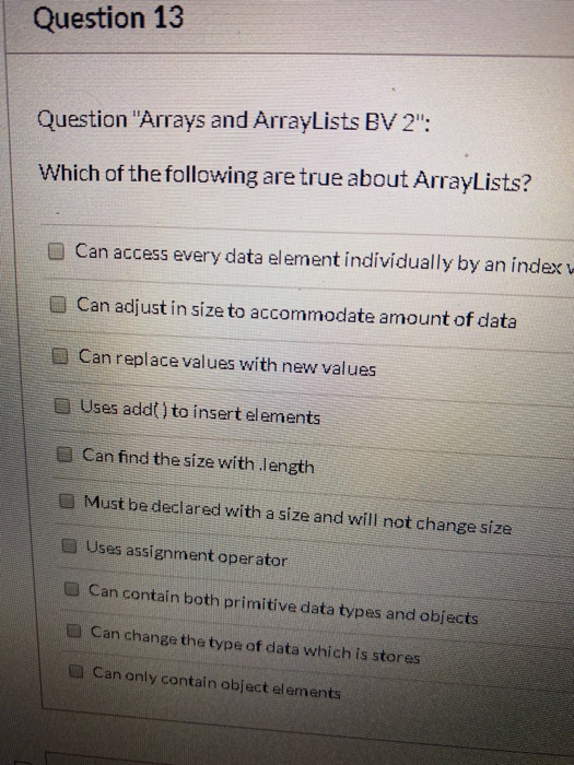 Solved Question 13 Question "Arrays and ArrayLists BV 2": | Chegg.com