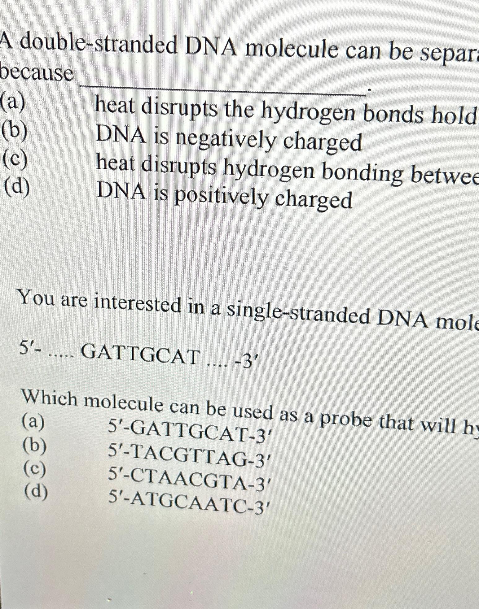 Solved A double-stranded DNA molecule can be separ | Chegg.com