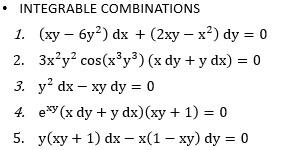 Solved INTEGRABLE COMBINATIONS 1. (xy−6y2)dx+(2xy−x2)dy=0 2. | Chegg.com
