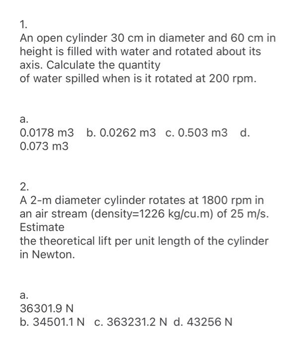 Solved 1. An open cylinder 30 cm in diameter and 60 cm in | Chegg.com