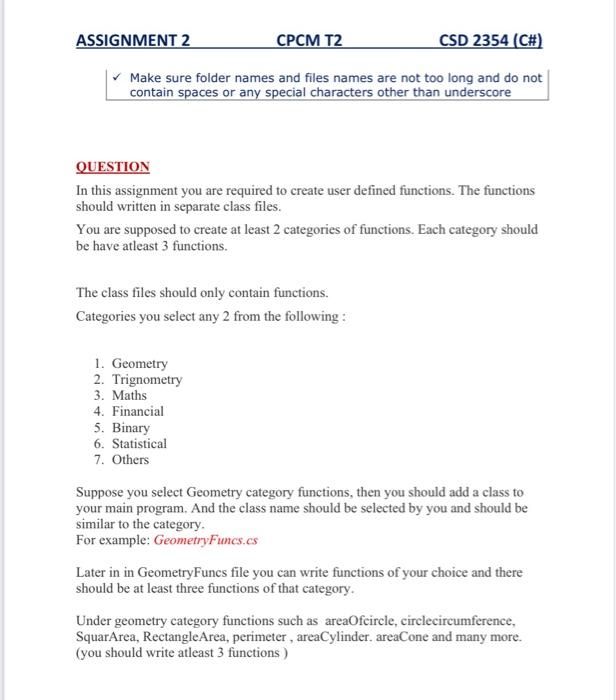 Solved ASSIGNMENT 2 CSD 2354 (C#) Make sure folder names and | Chegg.com