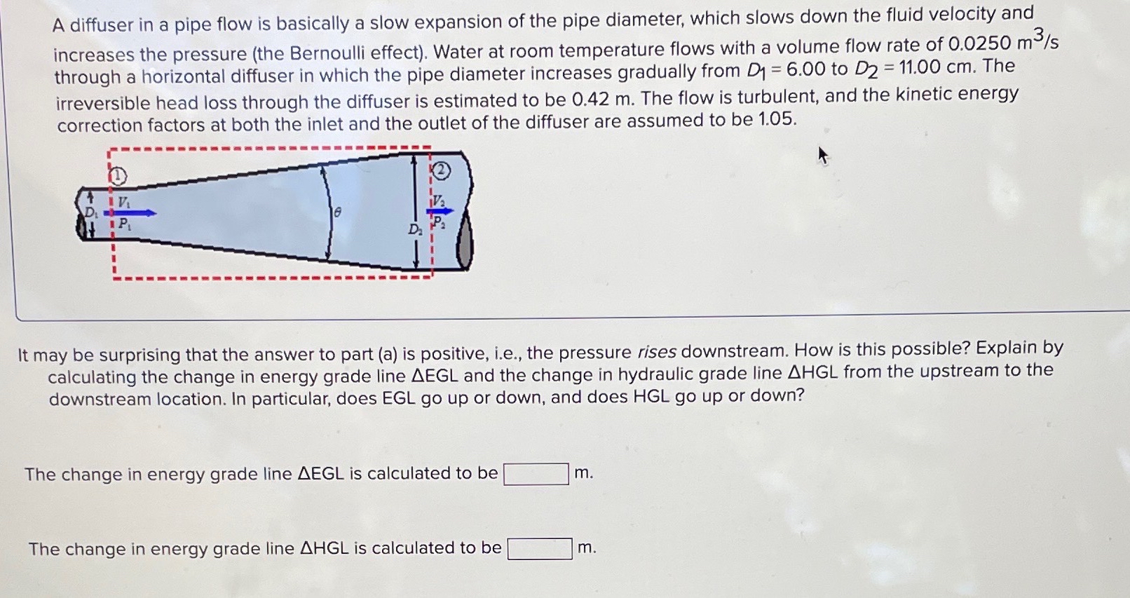 Solved Pleaae find ΔEGL and ΔHGLA diffuser in a pipe flow is | Chegg.com