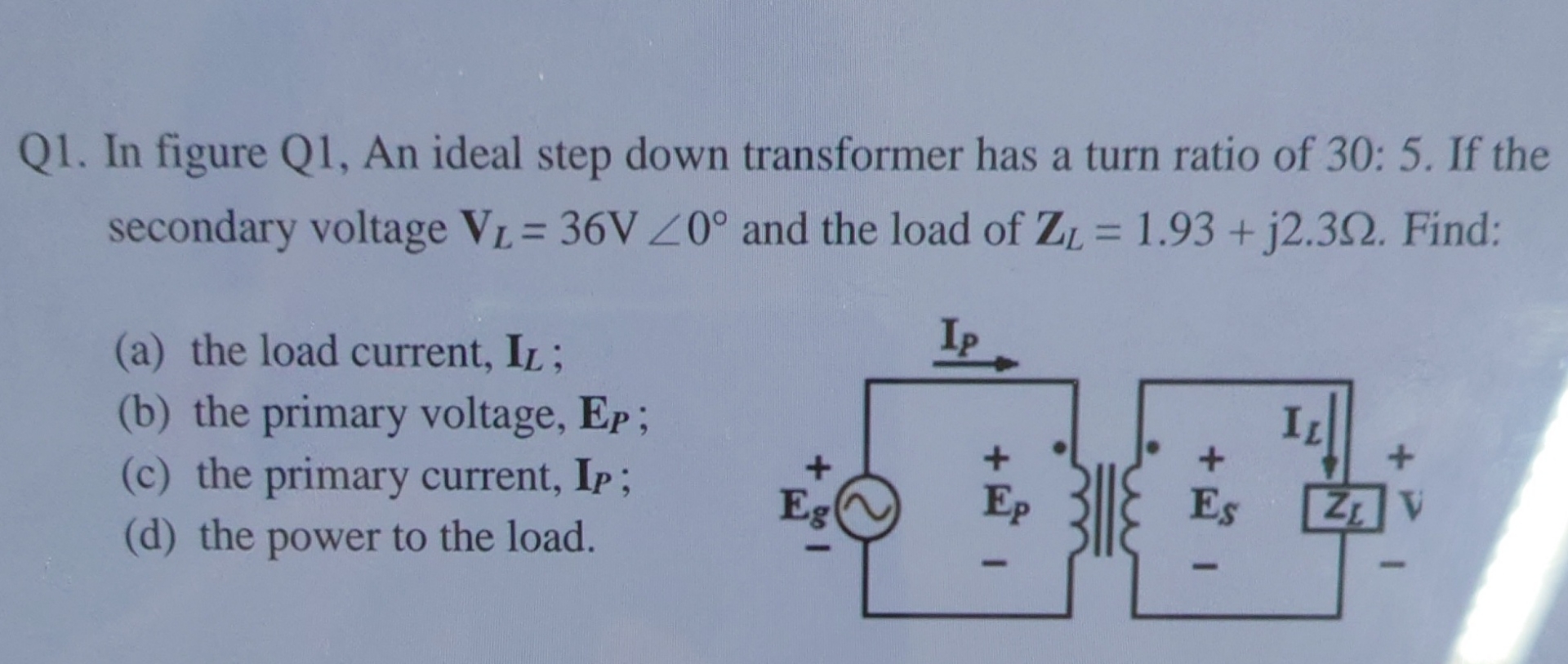 Solved Q1. ﻿In figure Q1, ﻿An ideal step down transformer | Chegg.com