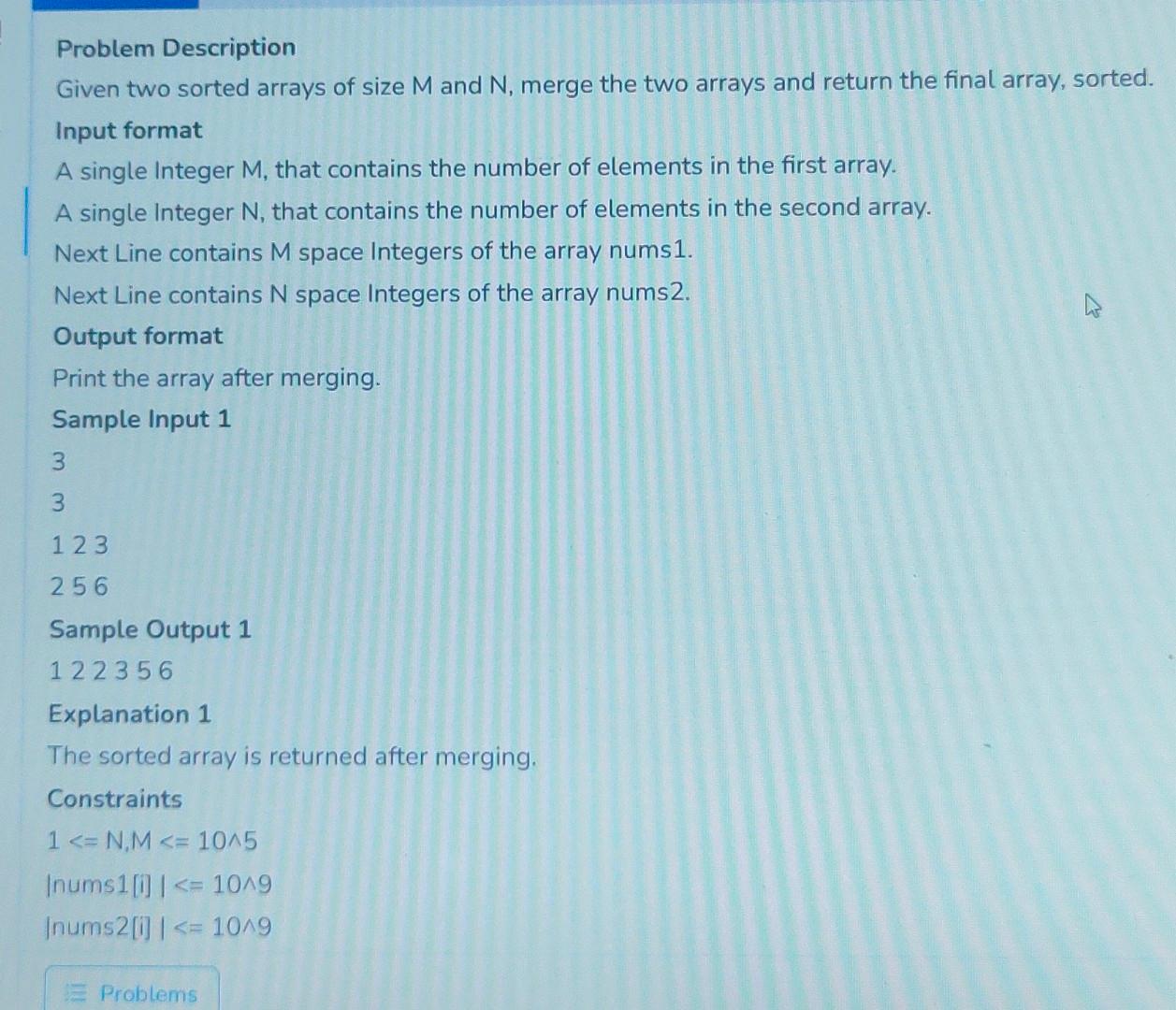 Solved Problem Description Given Two Sorted Arrays Of Size M 6492