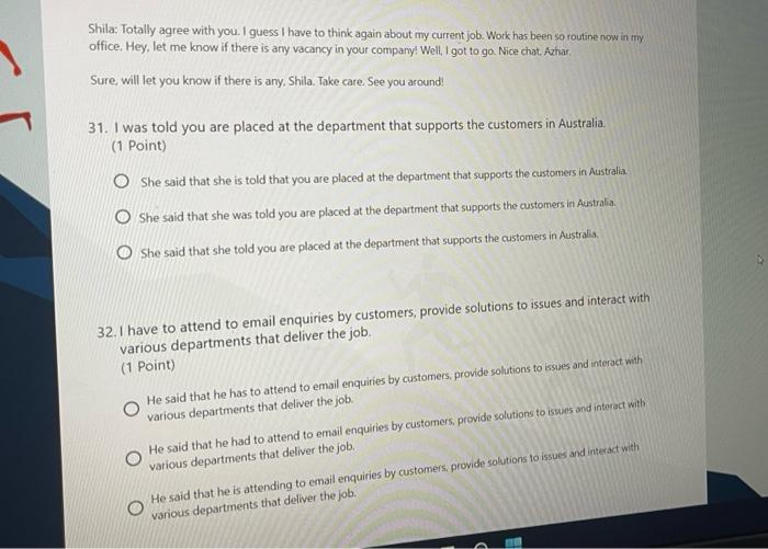 Solved Questions 31-35. Choose the best answers. Shila: Hi, | Chegg.com