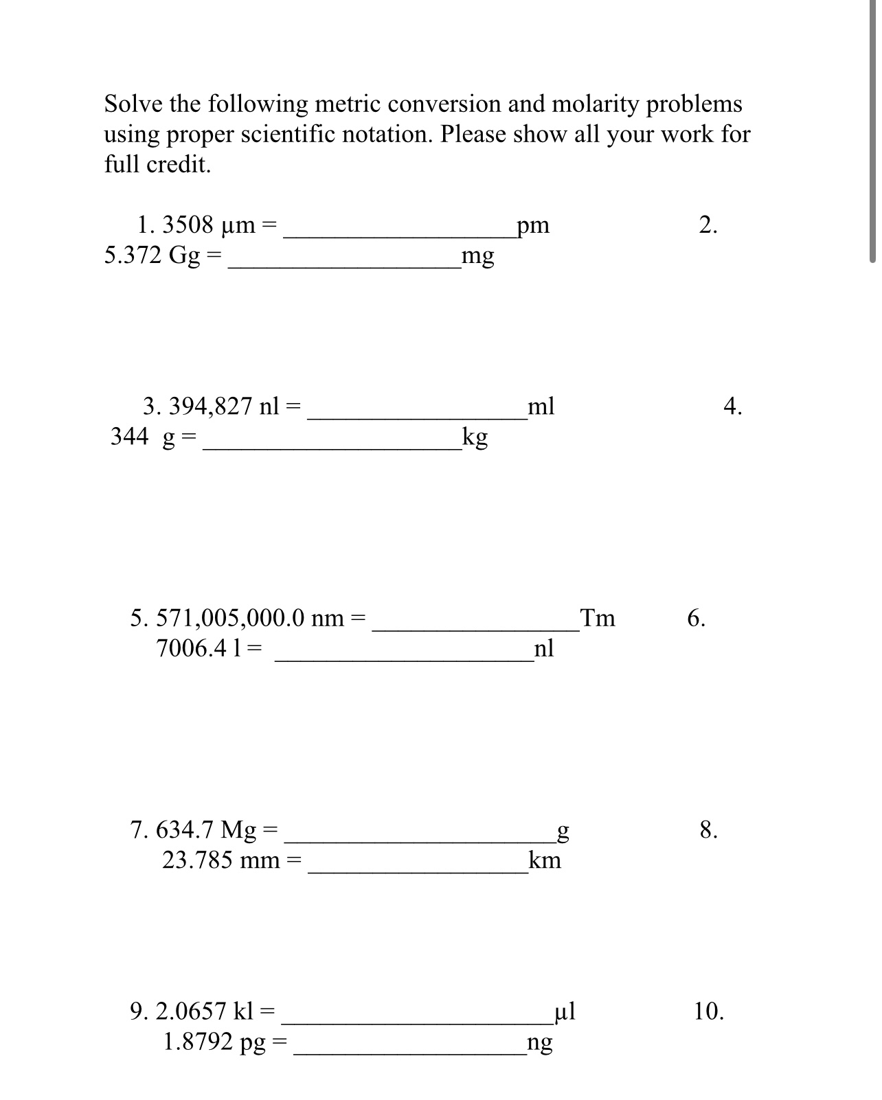 Solved Solve the following metric conversion and molarity | Chegg.com