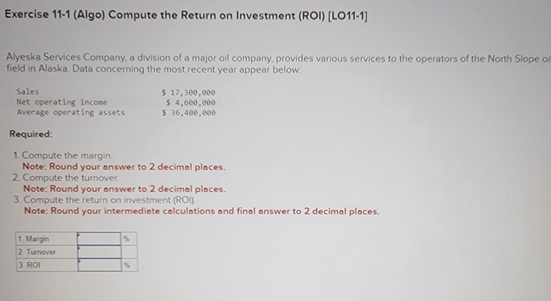 Solved Exercise 11-1 (Algo) ﻿Compute the Return on | Chegg.com