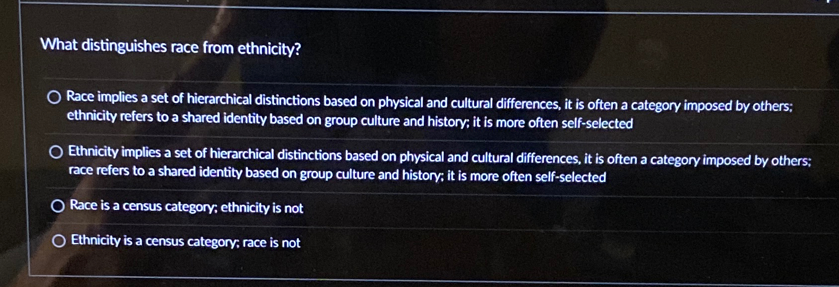 Solved What distinguishes race from ethnicity?Race implies a | Chegg.com