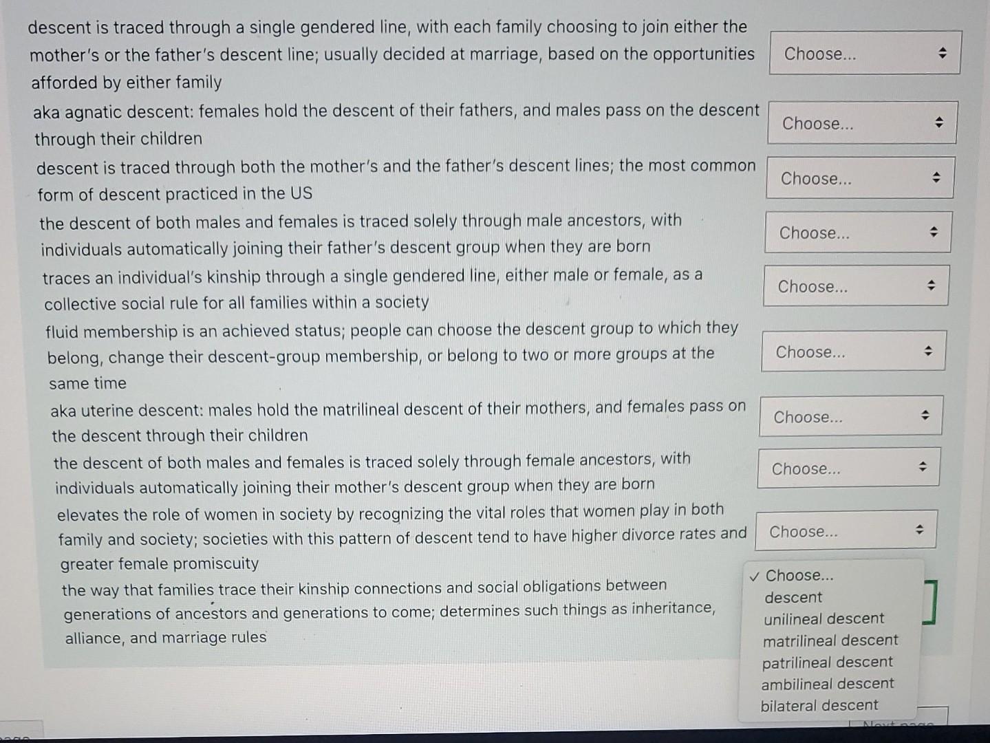 descent is traced through a single gendered line, | Chegg.com