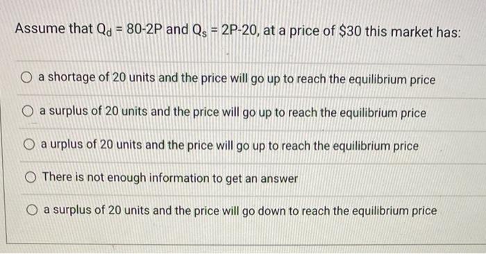 Solved Assume that Qd=80−2P and Qs=2P−20, at a price of $30 | Chegg.com