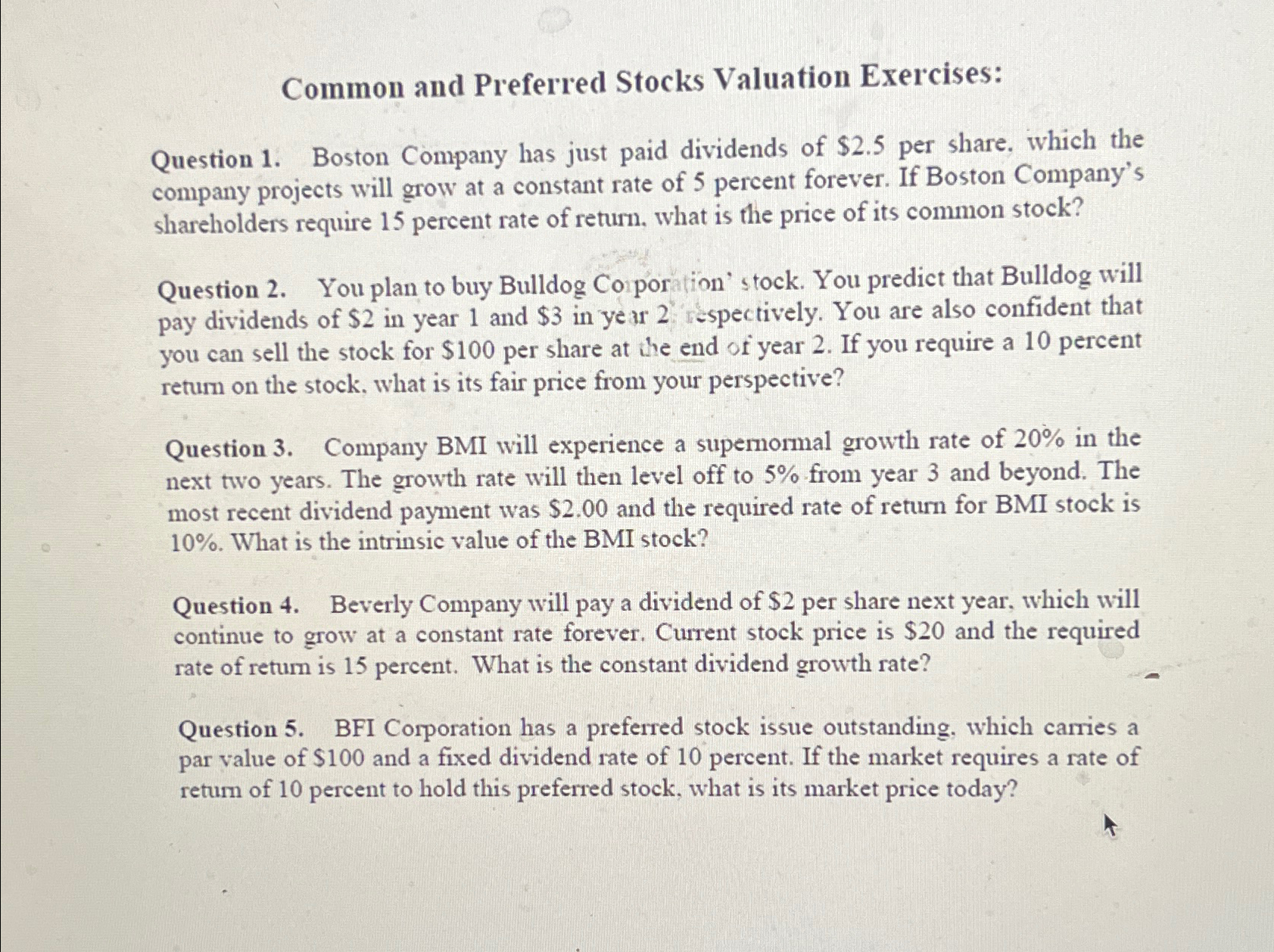 Common and Preferred Stocks Valuation | Chegg.com