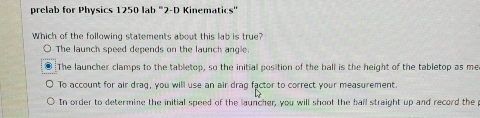 Solved prelab for Physics 1250 ﻿lab "2-D Kinematics"Which of | Chegg.com
