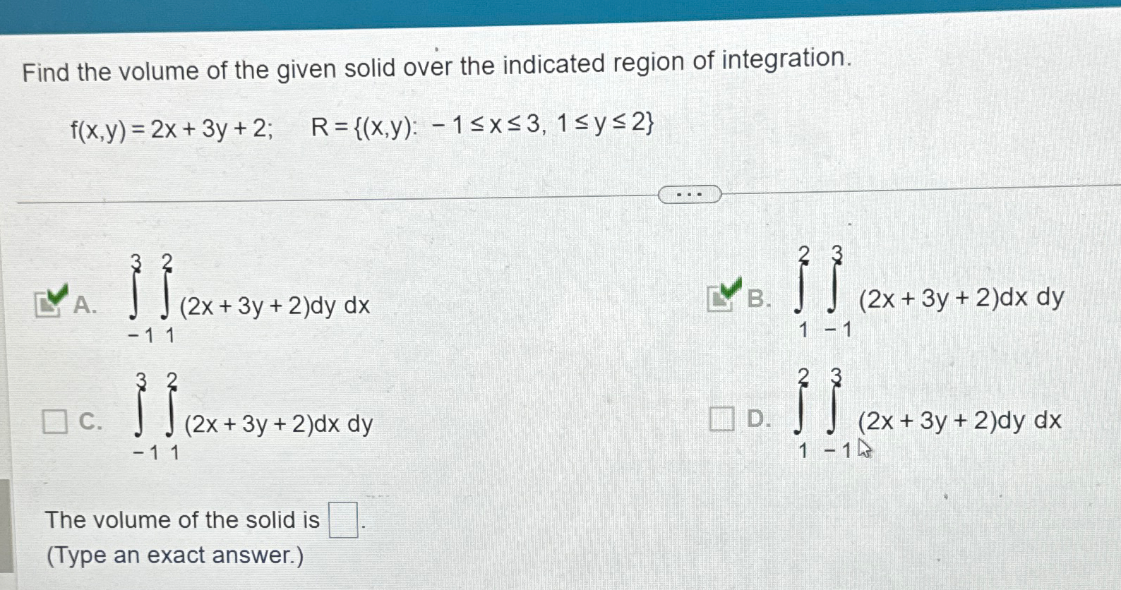 Solved Find the volume of the given solid over the indicated | Chegg.com