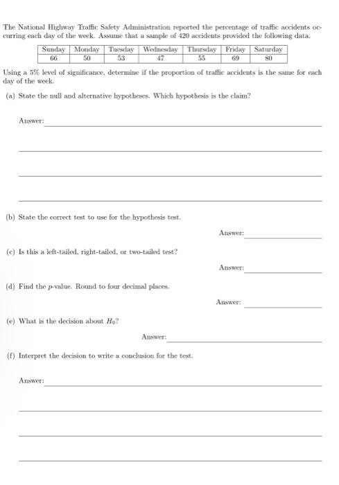 Solved The National Highway Traffic Safety Administration | Chegg.com