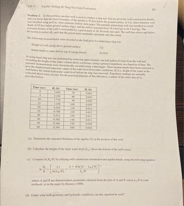 Solved Lab 11 Aquifer Testing III: Slug- Test Data | Chegg.com