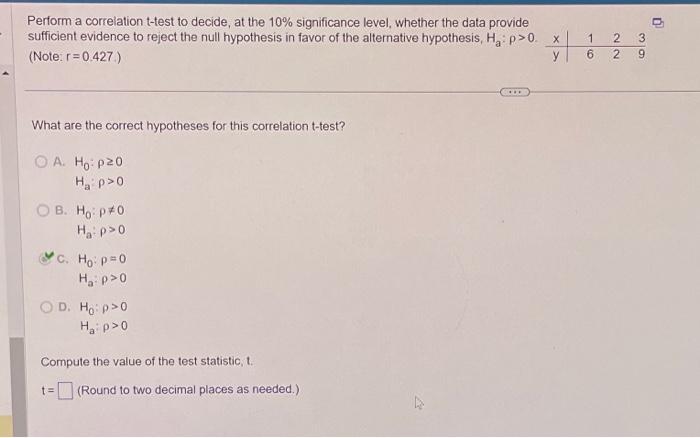 Solved Perform a correlation t-test to decide, at the 10% | Chegg.com