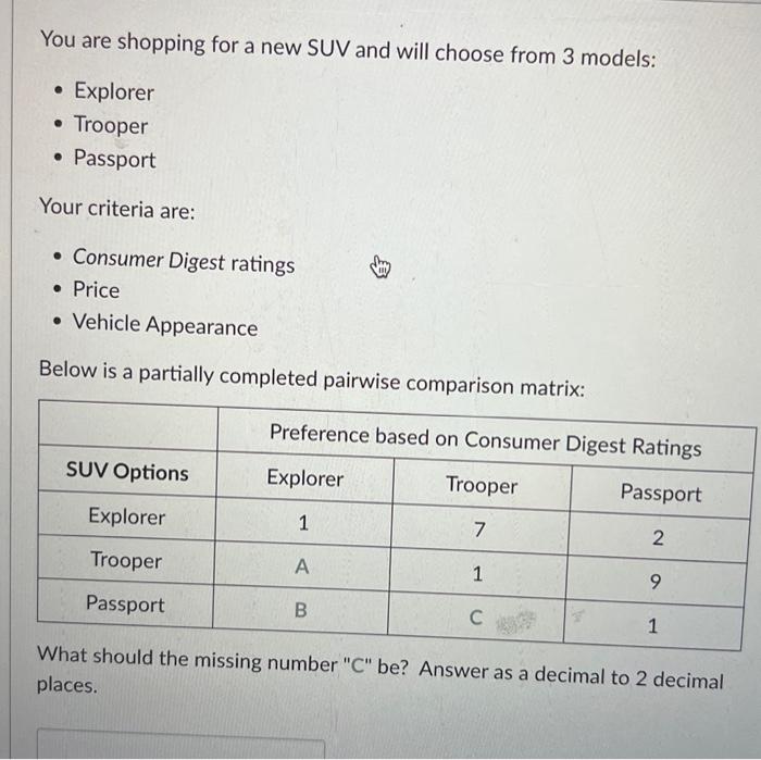 Solved You are shopping for a new SUV and will choose from 3 | Chegg.com