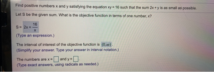 Solved Find positive numbers x and y satisfying the equation | Chegg.com