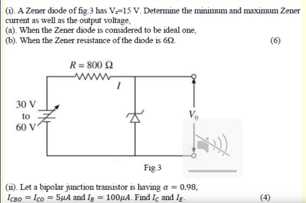 Solved (1). A Zener diode of fig.3 has V=15 V. Determine the | Chegg.com