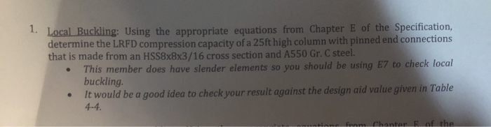 1. Local Buckling: Using the appropriate equations | Chegg.com