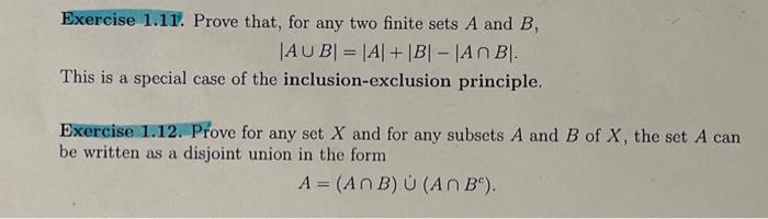 Solved Exercise 1.11. Prove that, for any two finite sets A | Chegg.com